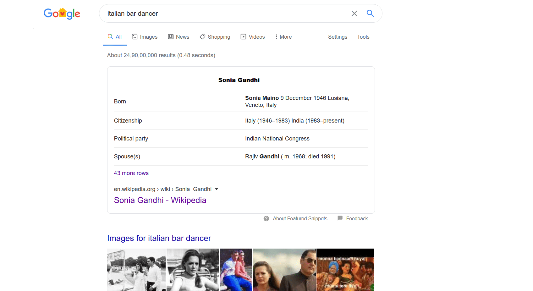Italian Bar Dancer, "Bar Girl In India, Google Search Shows Sonia Gandhi
